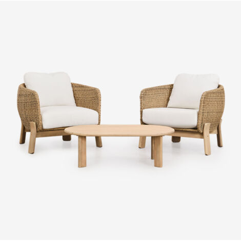 SKLUM Leilan Gartenset mit 2 Sesseln und einem Couchtisch aus Akazienholz und Rattan Helles ...