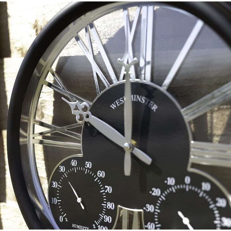 Garden Wall Clock Thermometer Weatherproof Black Home Indoor Outdoor ...