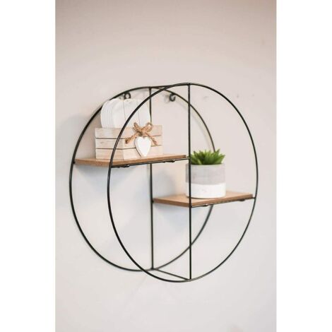 Modern Wooden Round Shaped 2 Tier Floating Shelves Wall Mounted Black Metal Wall Shelf Industrial Display Rack Hanging Shelf for Office Kitchen Bathroom Bedroom Living Room Decor