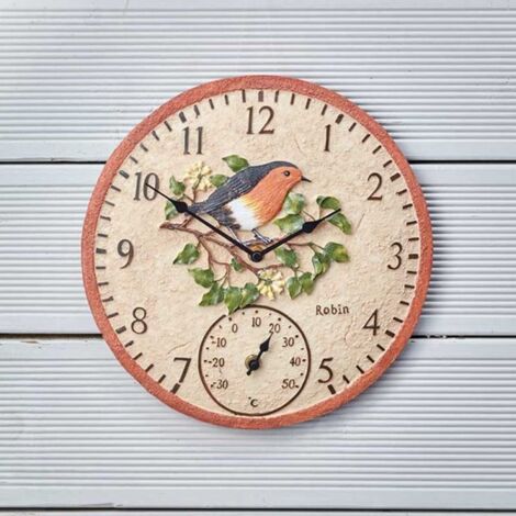Garden Clock Robin Wall Clock & Thermometer 12"