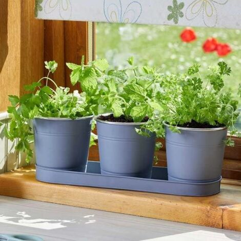 3x Slate Herb Plant Pots with Drip Tray for Home Kitchen Planters Traditional Indoor Window Sill