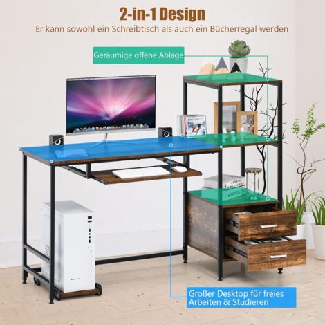 GOPLUS 140 cm Langer Computertisch mit Regalen, Schreibtisch ...