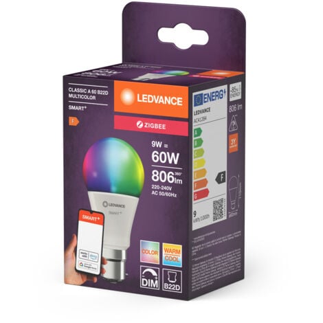 LEDVANCE Lampe Smart+ avec technologie ZigBee, 9W, A60, mat, socle B22D, couleur de lumière RGBW ...