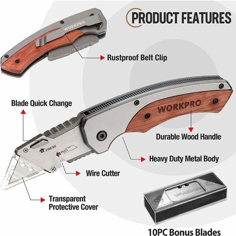 WORKPRO Cutter Utilitaire Pliant avec Manche en Bois,Cutter ...