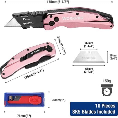 WORKPRO Cutter Professionnel Pliant, Cutter Utilitaire avec Mécanisme de Changement Rapide ...