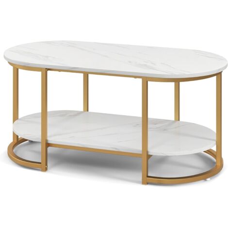 GOPLUS Tavolino da Salotto Moderno, Tavolino Ovale a 2 Livelli con Piano Effetto Marmo Bianco e ...
