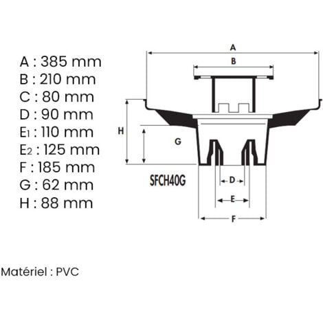 Siphon de sol PVC 400x400mm sortie verticale Ø80-100-110 - Gris