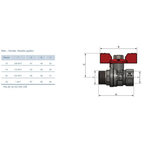 Vanne à sphère PN25 NILE ACS Manette Papillon rouge Mâle/Femelle 1" (26 ...