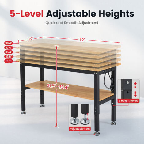 Werkbank mit 2 Ablagen 152x56cm, höhenverstellbar, Arbeitstisch mit Lochplatte
