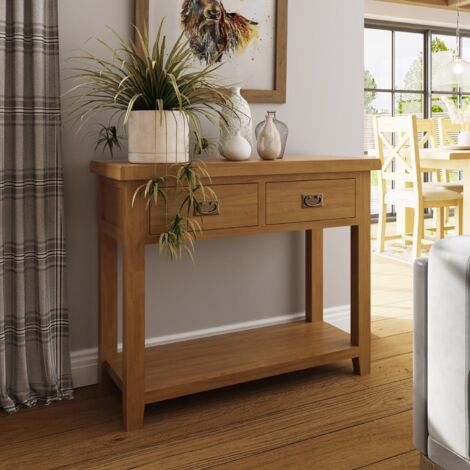 FWStyle Large Console Table 2 Drawer Solid Natural Oak