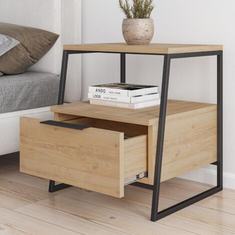 FWStyle Light Oak 1 Drawer Modern Bedside Table Nightstand Black Metal ...