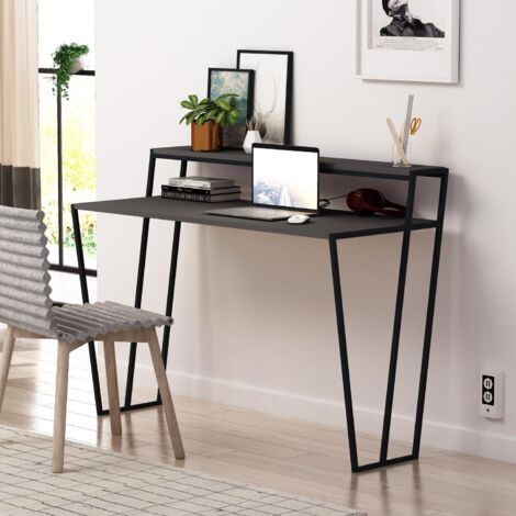 FWStyle Modern Home Office Student Study Desk Black Metal Frame Anthracite Grey