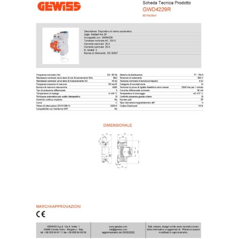 GEWISS GWD4229R - Interruttore Magnetotermico Differenziale Con Modulo Di Riarmo Automatico 2P ...