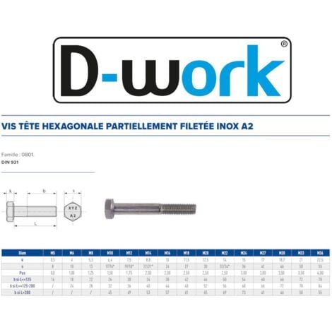 50 Vis Métaux Tête Hexagonale F/Partiel 16 x 60 mm - DIN 931 - Inox A2 - D-Work