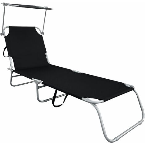Chaise longue de jardin pliante à trois pieds avec auvent - noir - Chaise longue de relaxation ...