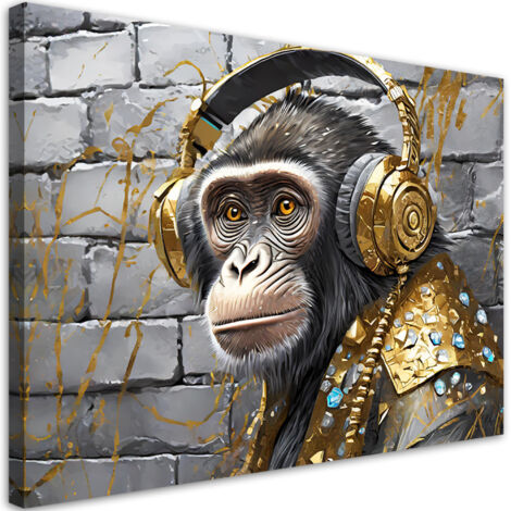 Quadro su tela, Scimmia Cuffie Pop Art - 120x80