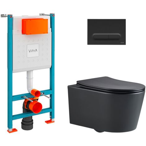 Vitra Toilet Pack V-Fix Frame + SAT Black Rimless Toilet + Soft-Close ...