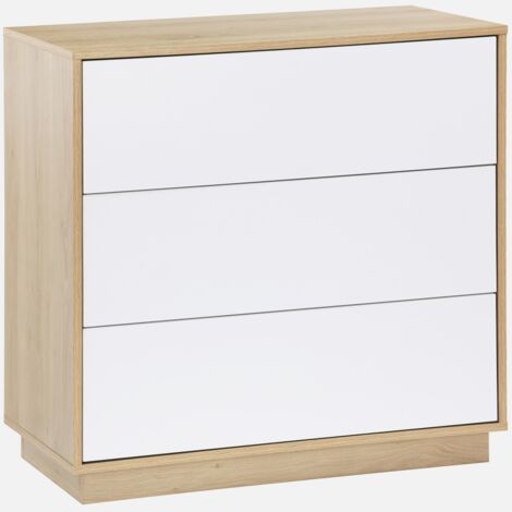 Cómoda de 3 cajones bicolor efecto madera, Liam, Blanco y natural