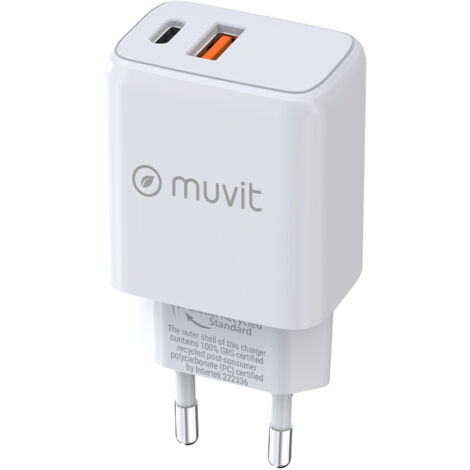 muvit zum Wechselladegerät de Wall 1 USB QC 3.0 18W + 1 Typ C PD 25W White