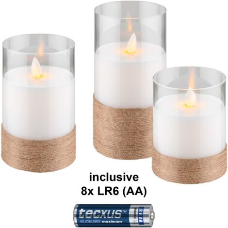 3er-Set LED-Echtwachs-Kerzen im Glas, weiß, mit Hanf umwickelt, inkl. 8x AA (LR6), mit ...