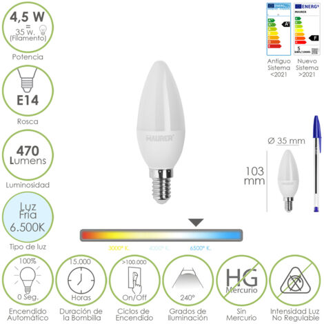 Bombilla Led Vela Rosca E14. 4,5 Watt. Equivale A 30 Watt. 470 Lumenes. Luz Fria (6500º K.)