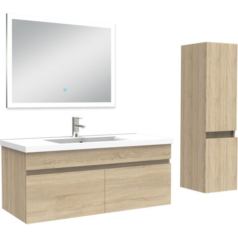 Acezanble Ensemble meuble Salle de Bain 100cm avec vasque + colonne + miroir lumineux 3 couleurs ...