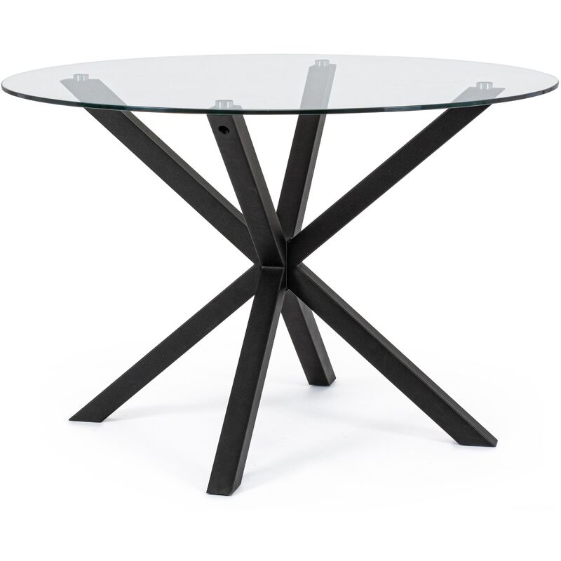 Table à manger ronde verre trempé et acier noir Agno 114 cm