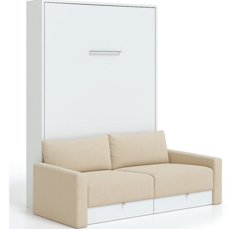 Lit escamotable vertical à tiroirs et canapé tissu VALENCIA Matelas mousse 18 cm Beige-Avec ...