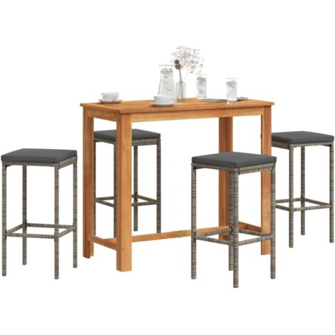 Table haute de jardin et tabourets en bois d'acacia gris pour balcon ...