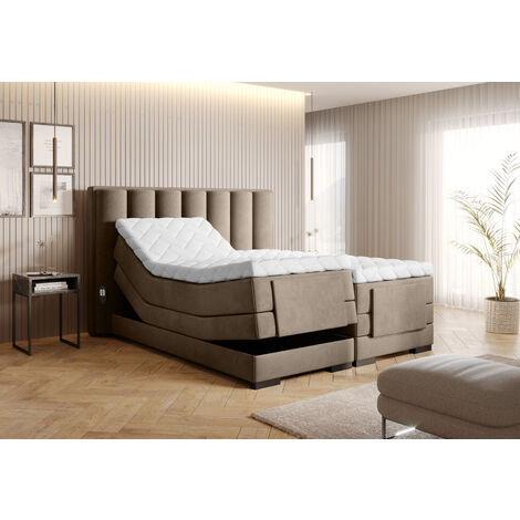 Lit boxspring électrique tissu beige avec matelas et surmatelas Arkos ...