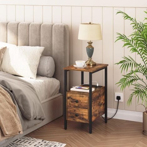 Side Table Narrow Bedside Table with Charging Station USB Ports Power Outlets Slim Side Table