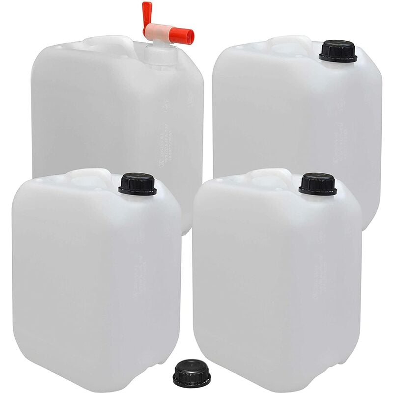 plasteo 4er Set: 10 Liter Getränke- Leer- Wasserkanister mit 1 Auslaufhahn und 4 Schraubdeckel ...