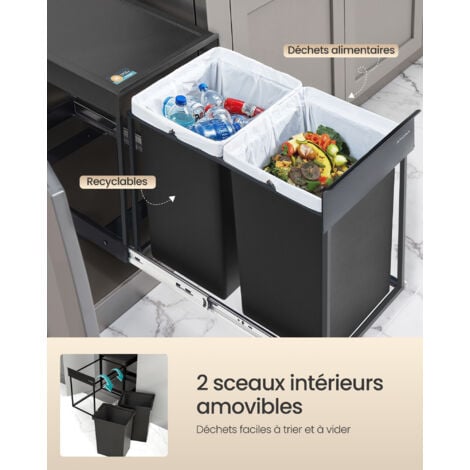 Poubelle de Tri Sélectif, Poubelle de Cuisine Extractible Coulissante, 2 Seaux de 20 L ...