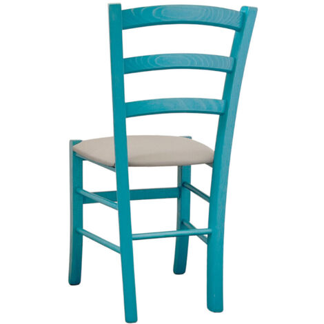 Chaise en bois Venezia turquoise avec assise en similicuir gris tourterelle