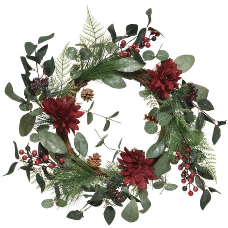 Ghirlanda tonda natalizia con fiori color Rosso, dietro porta da 40 cm