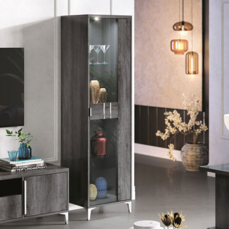 Vitrine 1 porte Gris foncé brillant à LED - ALEX - Vitrine : L 52 x l ...