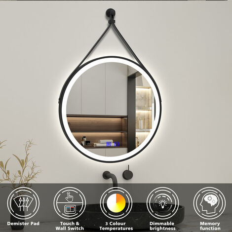 Round LED Mirror Black Frame Leather Strap Illuminated Bathroom Mirror ...