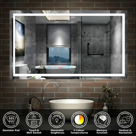 Acezanble Bathroom LED Mirror 1000 x 800 mm 3 Colors Dimmable Backlit ...