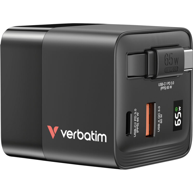 Verbatim GaN Charger 65W 2 Port retr cable US/EU/UK ADP