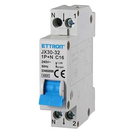 Interruttore magnetotermico 1P+N 16A 4.5Ka 220V 1 Modulo DIN Ettroit JX151640