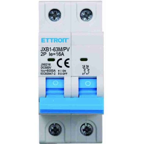 Interruttore Magnetotermico Fotovoltaico 2P DC 500V 16A 6kA Occupa 2 Moduli DIN Ettroit JX6216