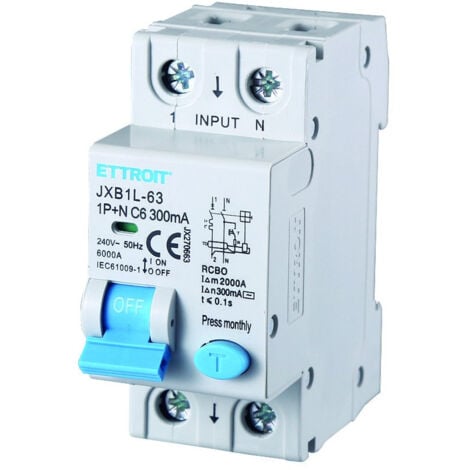 ETTROIT Interruttore Magnetotermico Differenziale 1P+N 6A 300mA 220V 6KA 2 Moduli DIN - JX270663