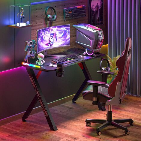Mesa Gaming LED Mesa Gamer Grande con Pie Ajustable Escritorio Gaming ...