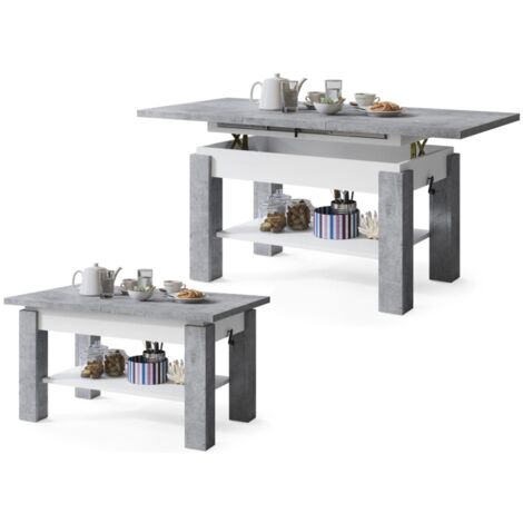 Table basse SIERRA relevable et extensible de 100 cm à 150 cm en blanc beton