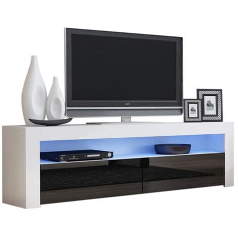 Meuble TV Savelli LED Blanc MAT et portes en Noir laqué 157 cm