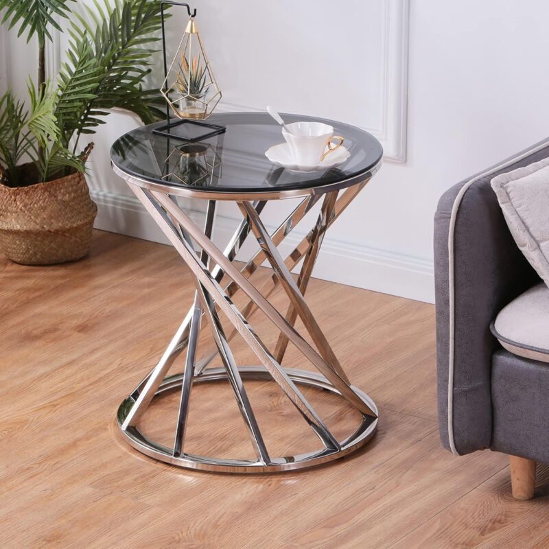AINPECCA Round Sofa Side Table End Table Stainless Steel with Dark Grey Tempered Glass Design Living Room silver