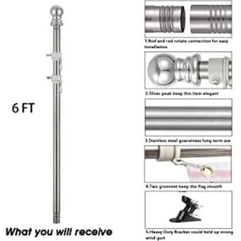 Asta de bandera de exterior de aluminio (180 cm) con soporte y anillos ...