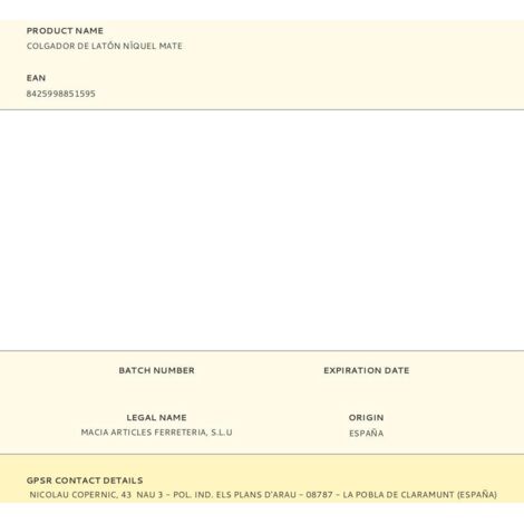 Colgador, latón níquel mate, en cartón colgante 85159