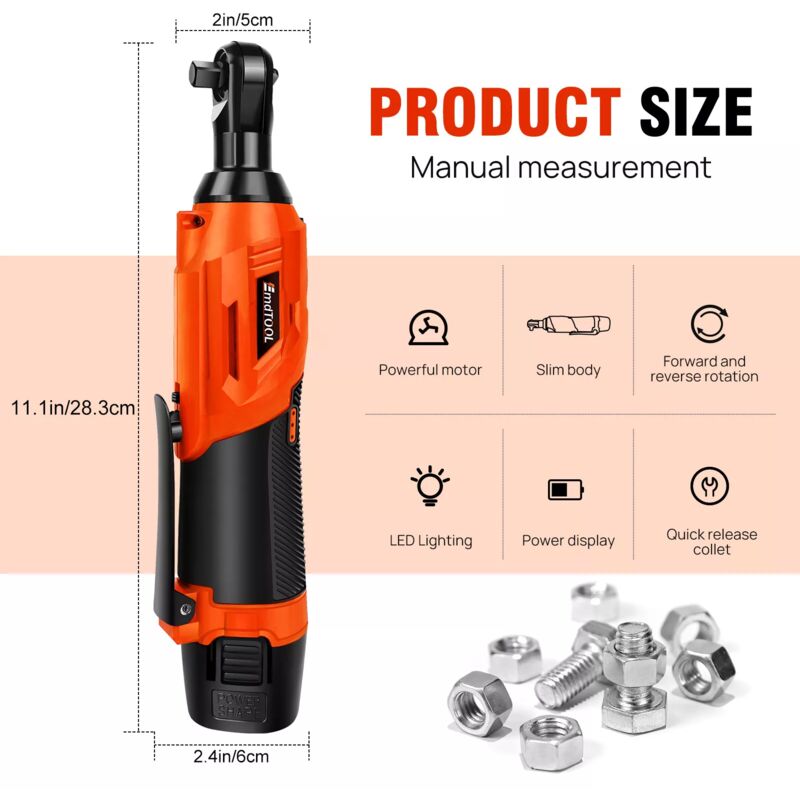 Electric Cordless 3 8 12V Right Ratchet Angle Wrench 2 Battery 7PCS Sockets