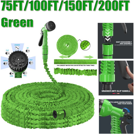 Green 7 Function Expandable Stretch Garden Hose Pipe Spray Gun Watering ...